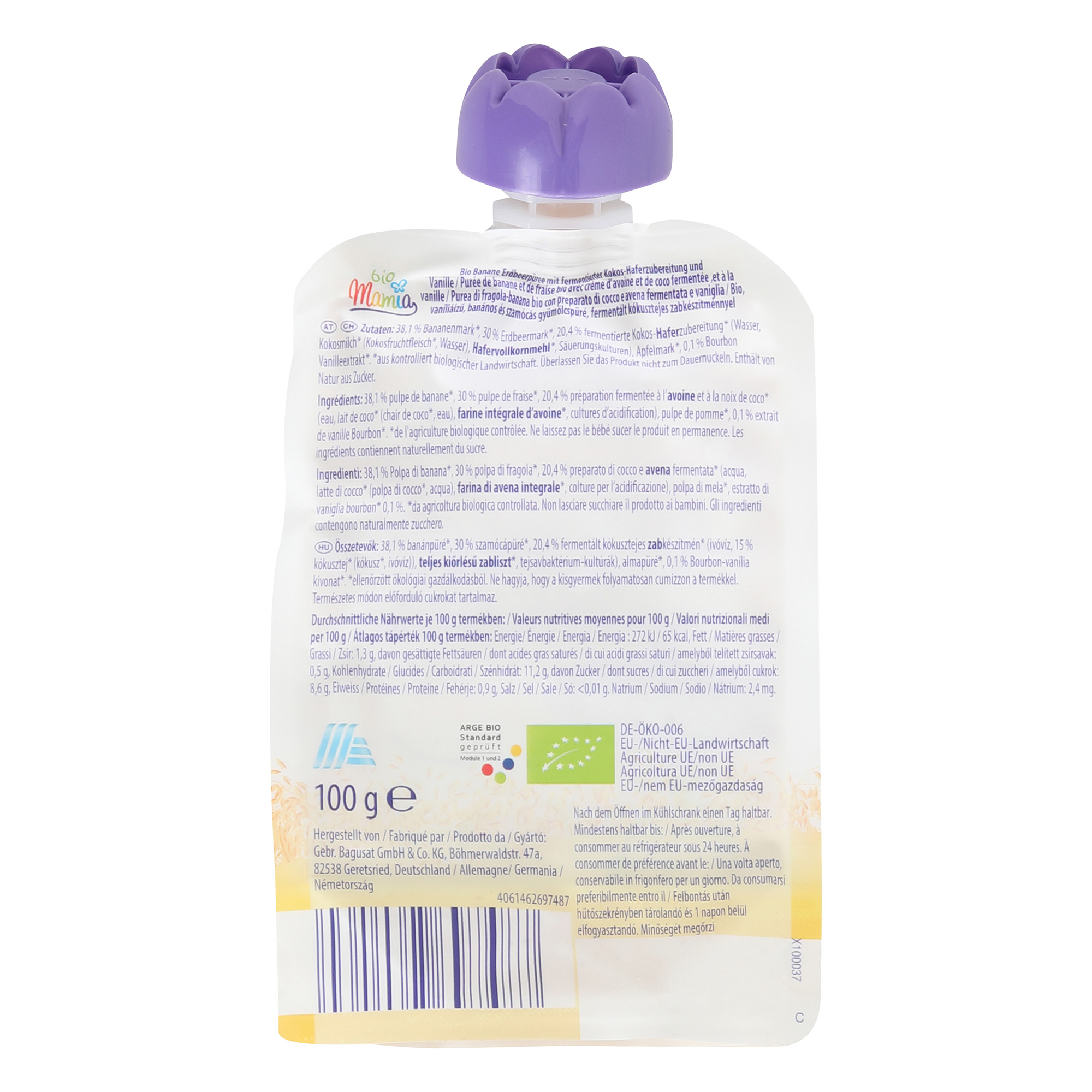 MAMIA BIO Yogourt à l'avoine dans une gourde souple, banane-fraise ...