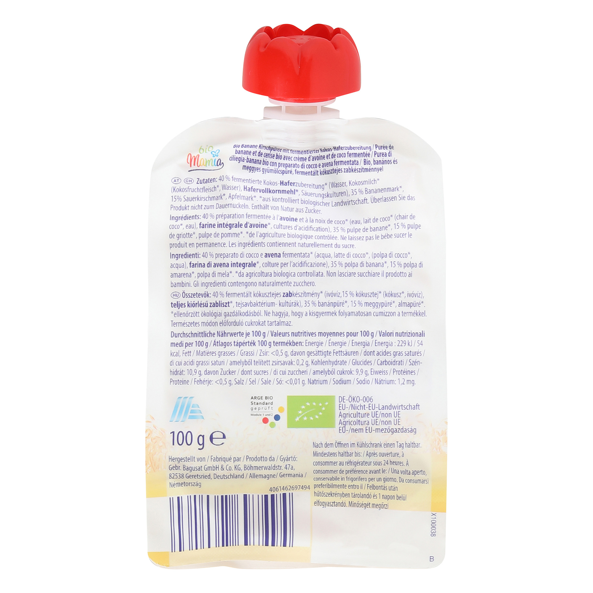 MAMIA BIO Yogourt à l'avoine dans une gourde souple, banane & cerise ...