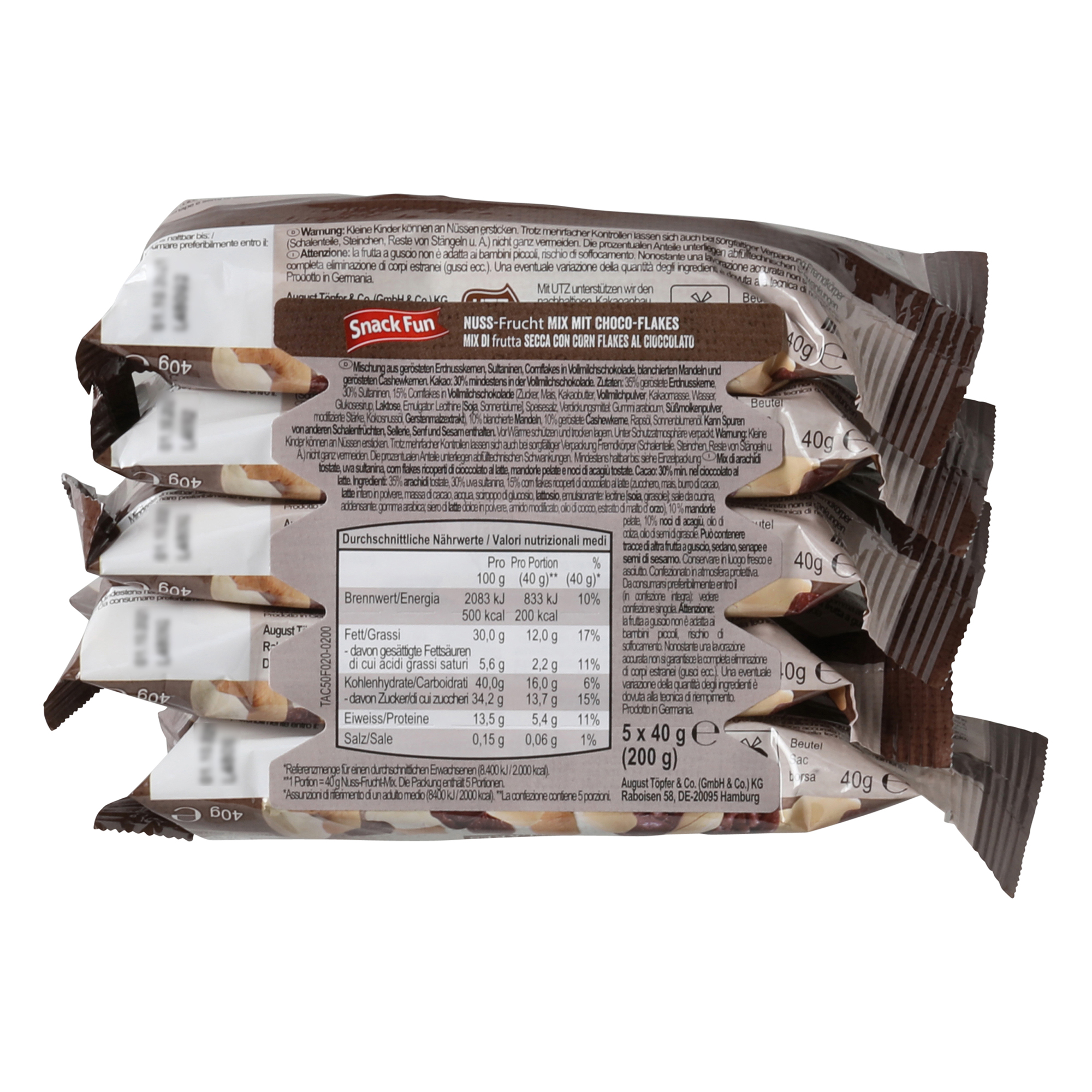 SNACK FUN Mélange noix et fruits secs, flocons au chocolat, pack de 5 ...