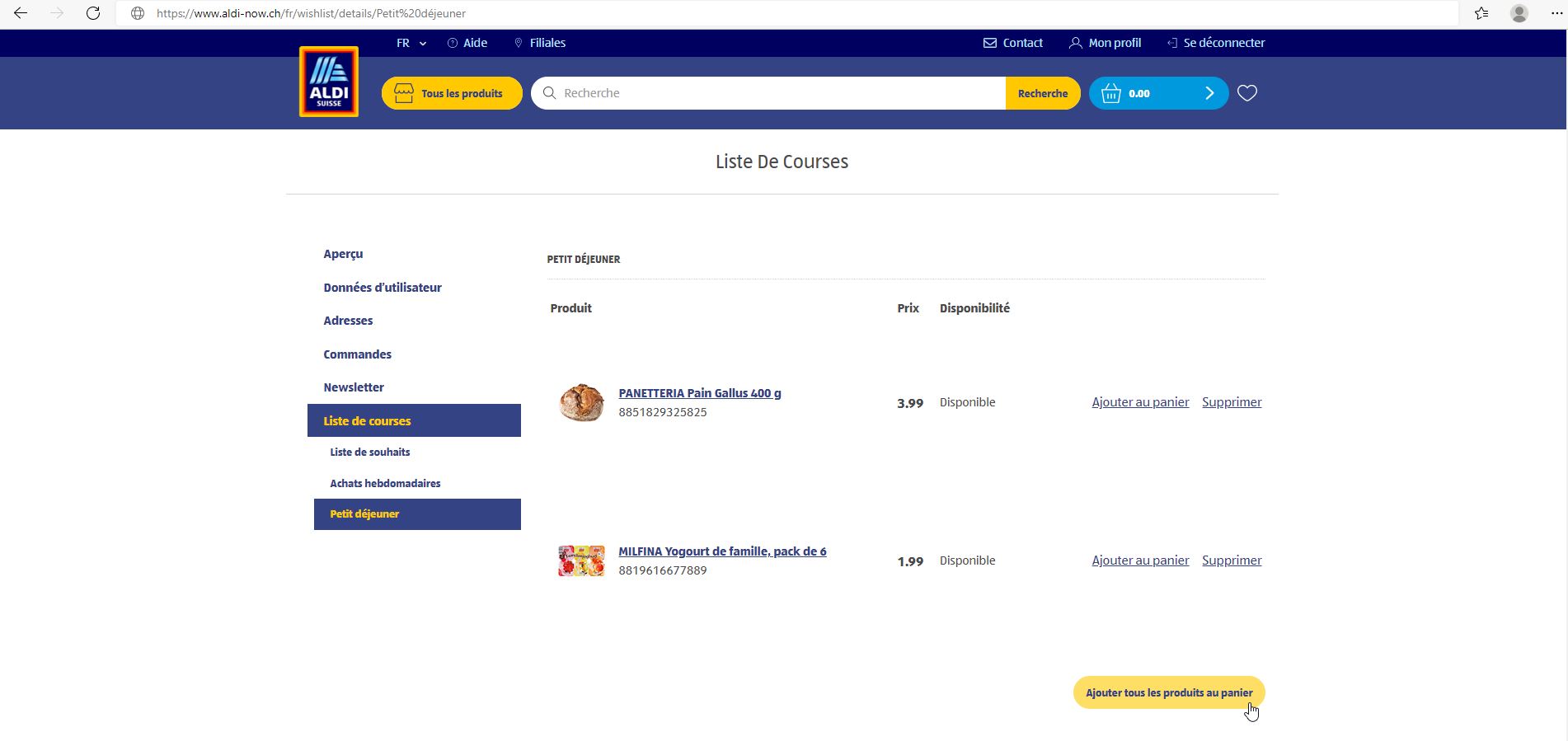 Liste de courses | ALDI-now